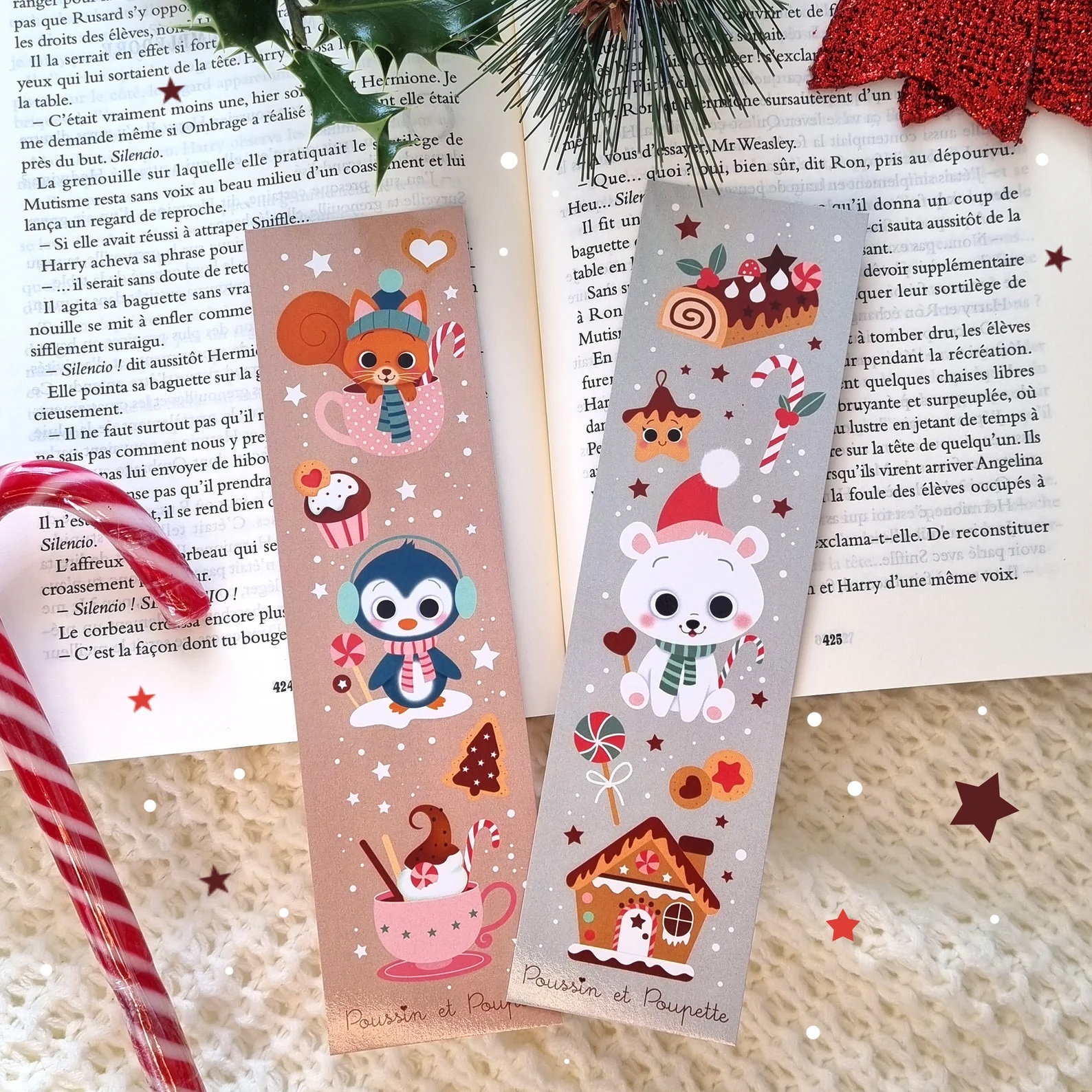 Marque page de Noël Poussin et Poupette